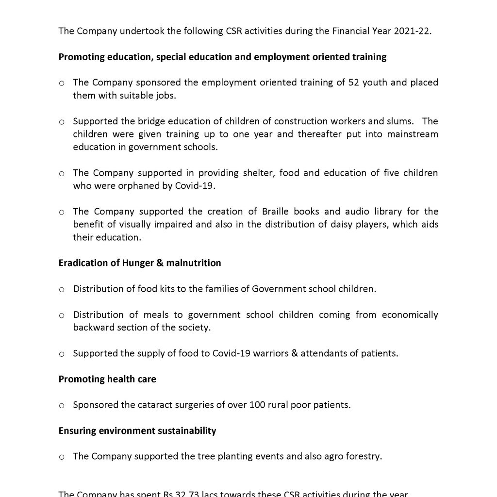 CSR Initiatives Year 2021 22 SAN Engineering And Locomotive Co Ltd 